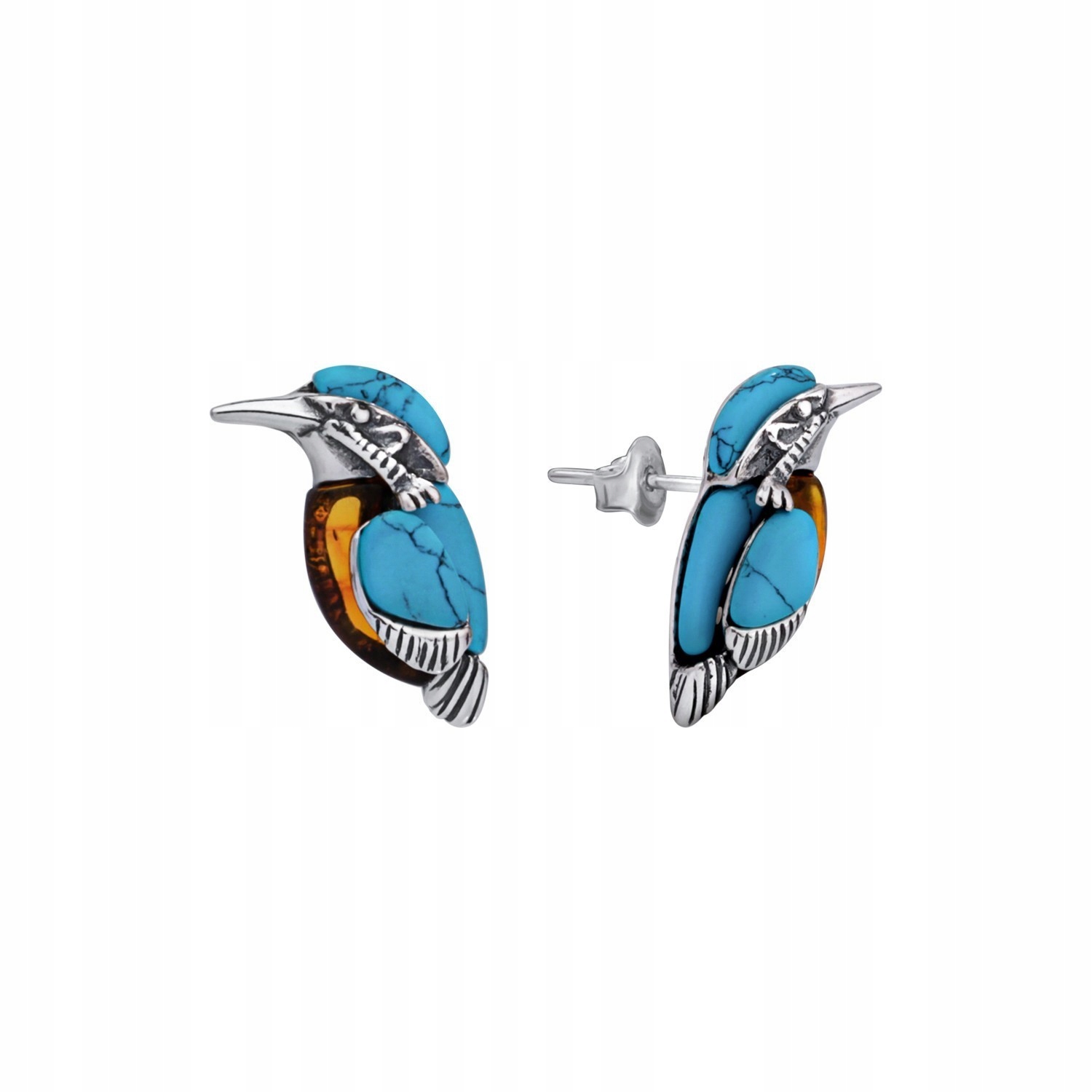 Kolczyki Amber Art Gutowski niebieskie zimorodki z bursztynem 2,1 cm ...