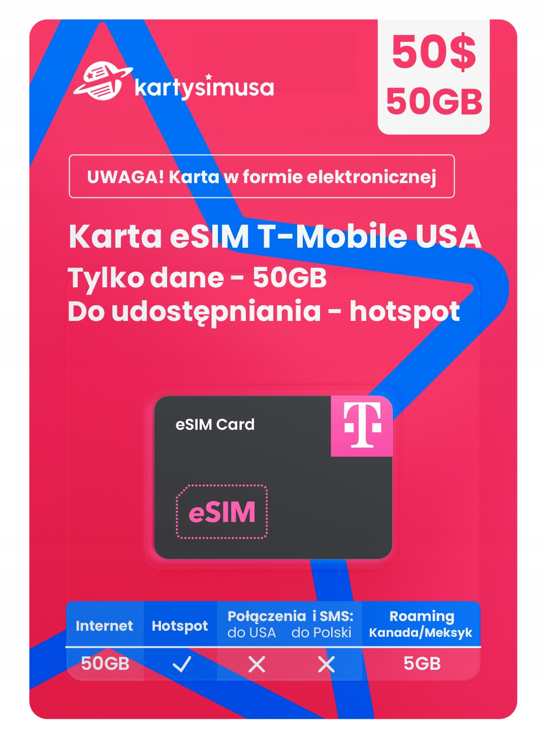 Karta eSIM T-Mobile USA hotspot 50GB - Sklep, Opinie, Cena w Allegro Karta eSIM T-Mobile USA hotspot 50GB - Sklep, Opinie, Cena w Allegro