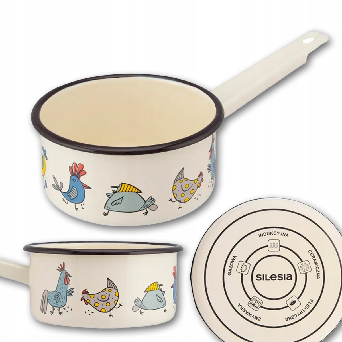 Rondel indukcja emaliowany rondelek Silesia Kurki kremowy 1 l 14 cm ...