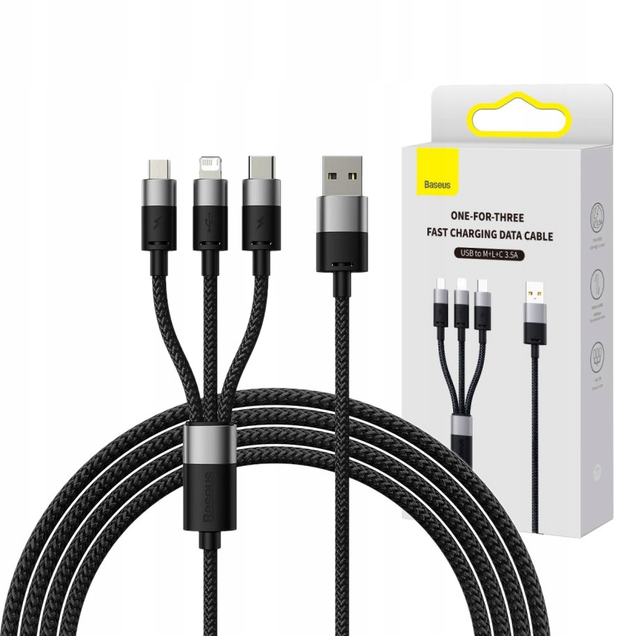 Kabel USB LIGHTNING USB-C microUSB na USB-A BASEUS 3,5A 1,2m 3 końcówki ...