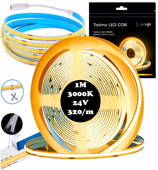 Taśma LED Neon COB 24V 1m 320 diod 3000K BIAŁA CIEPŁA HOMOGENICZNA 8MM ...