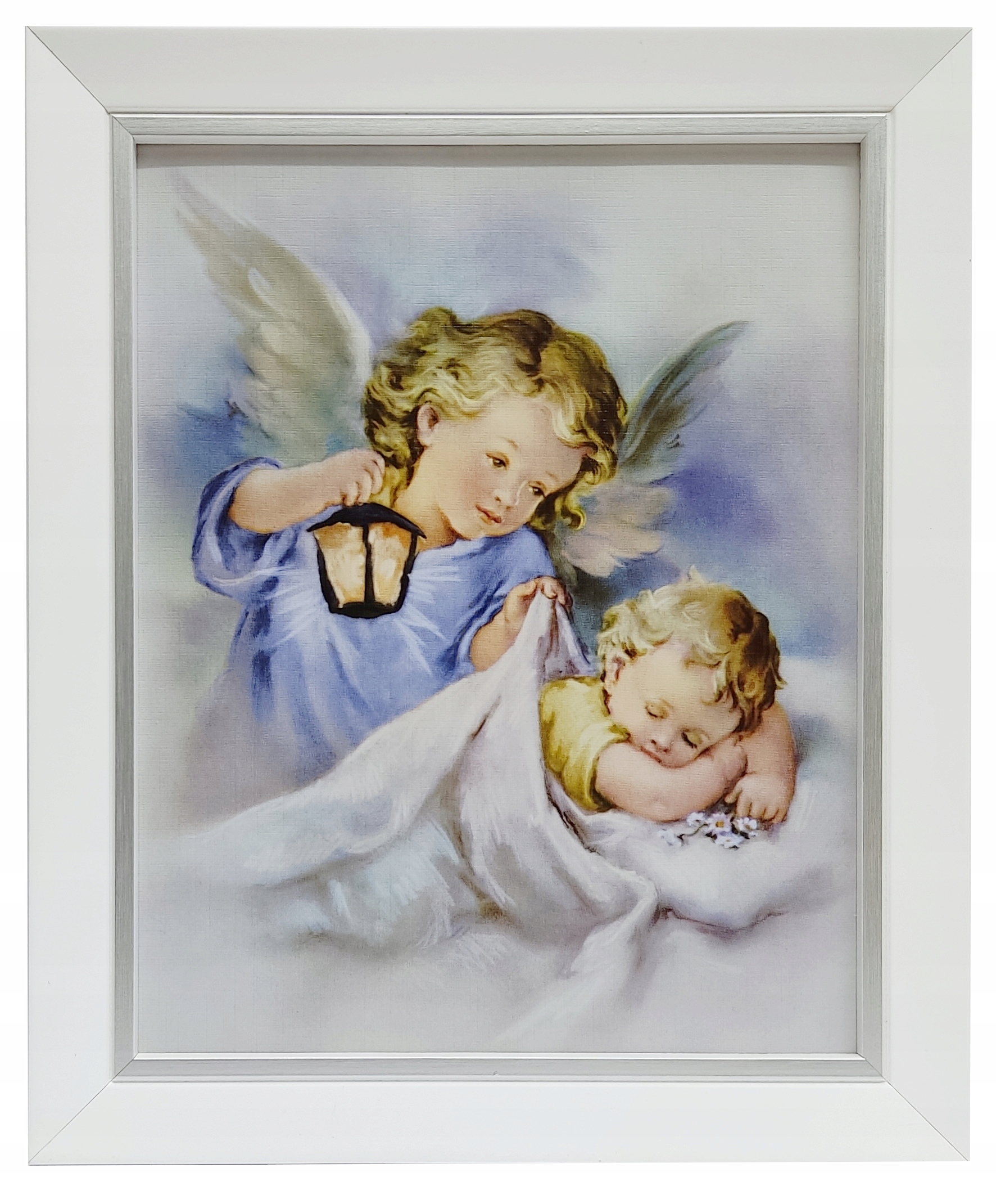 Obrazek aniołka stróża w białej ramie ze złotym paskiem 25x30 cm ...