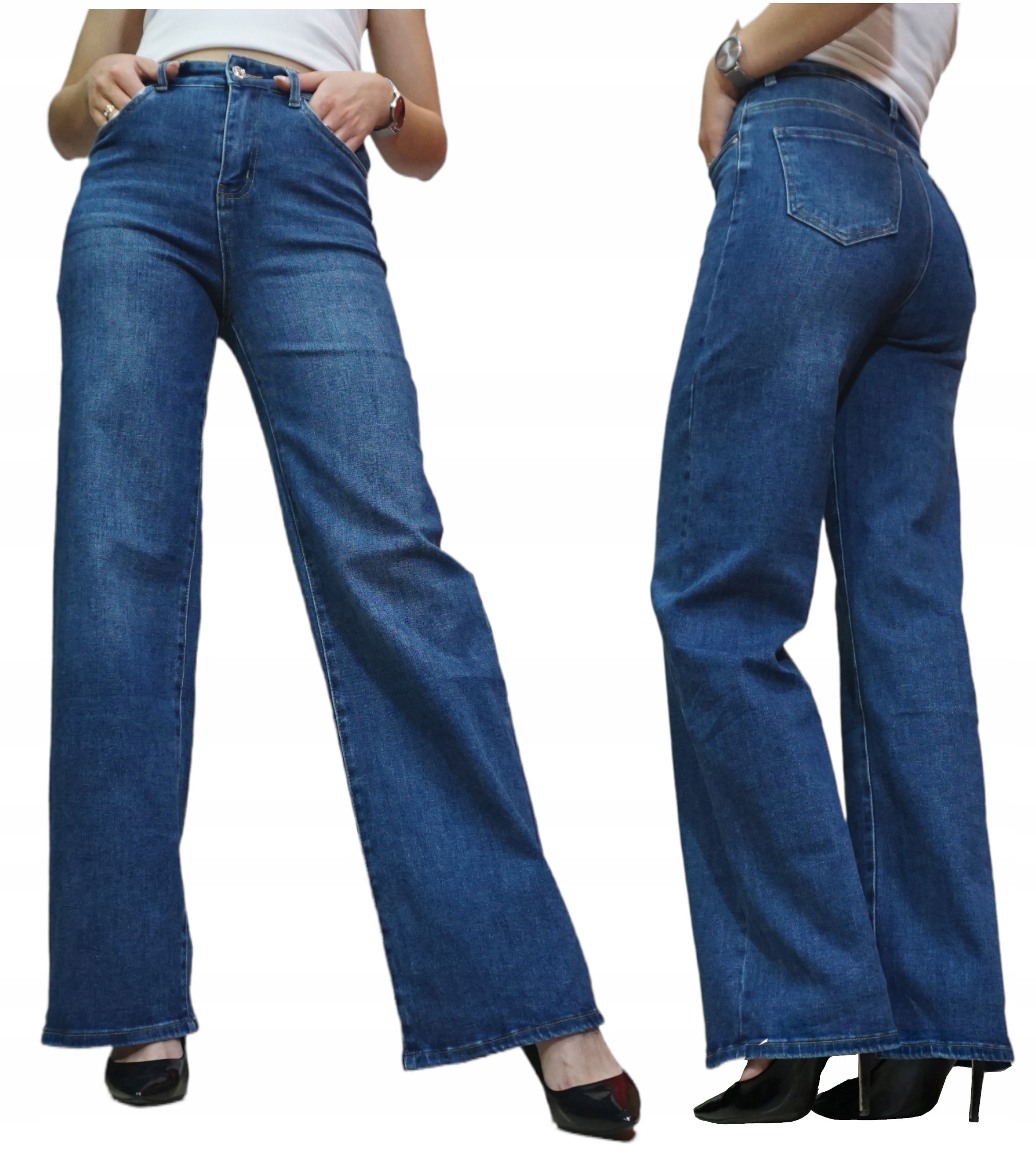 JEANSY DAMSKIE PROSTE SPODNIE SZEROKIE NOGAWKI WYSOKI STAN S 36 ...