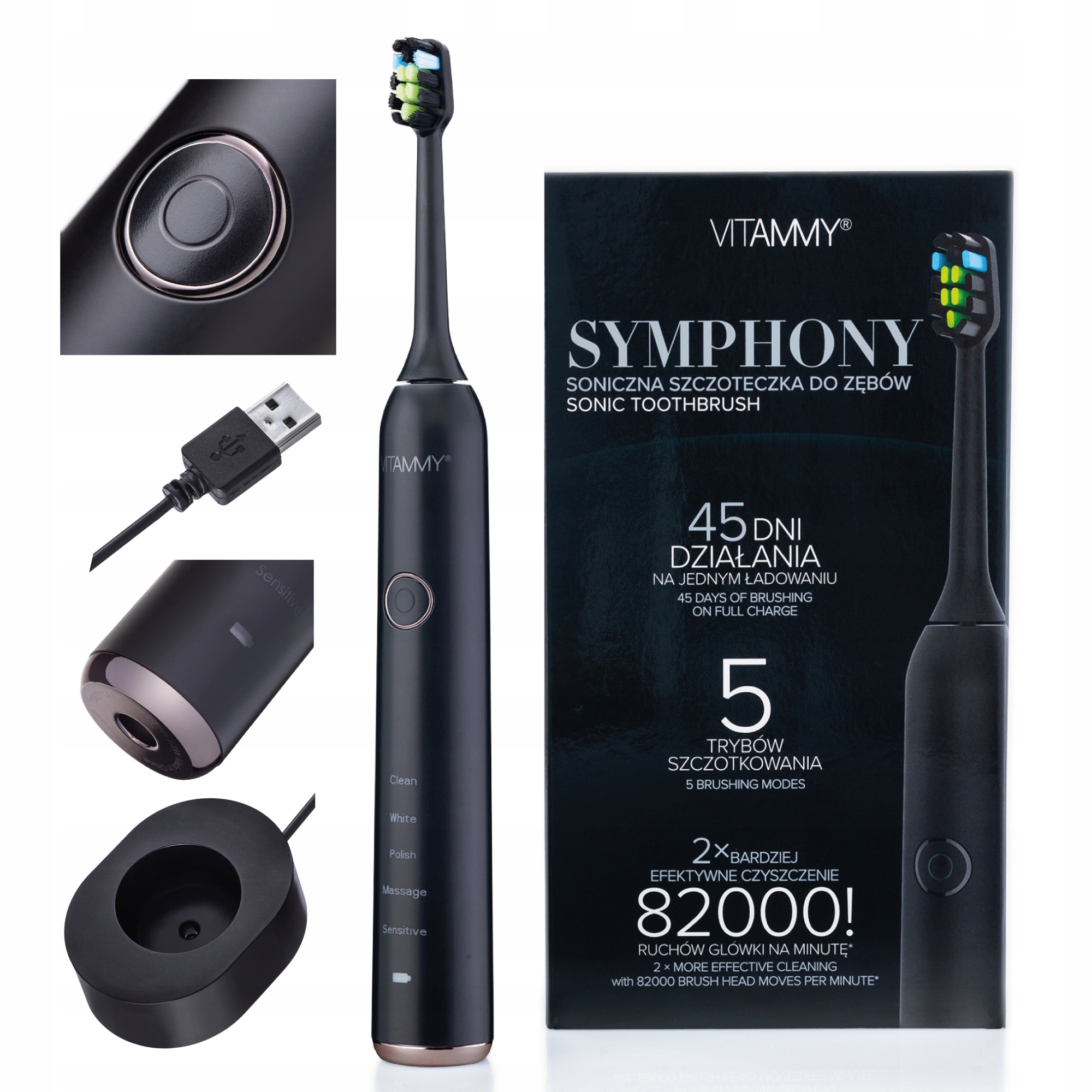 SZCZOTECZKA SONICZNA ELEKTRYCZNA DO ZĘBÓW VITAMMY SYMPHONY BLACK (6953322924223) • Cena, Opinie ...