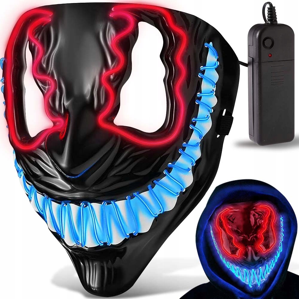 MASKA LEDOWA VENOM HALLOWEEN ŚWIECĄCA LED KOSTIUM PRZEBRANIE Z PILOTEM ...