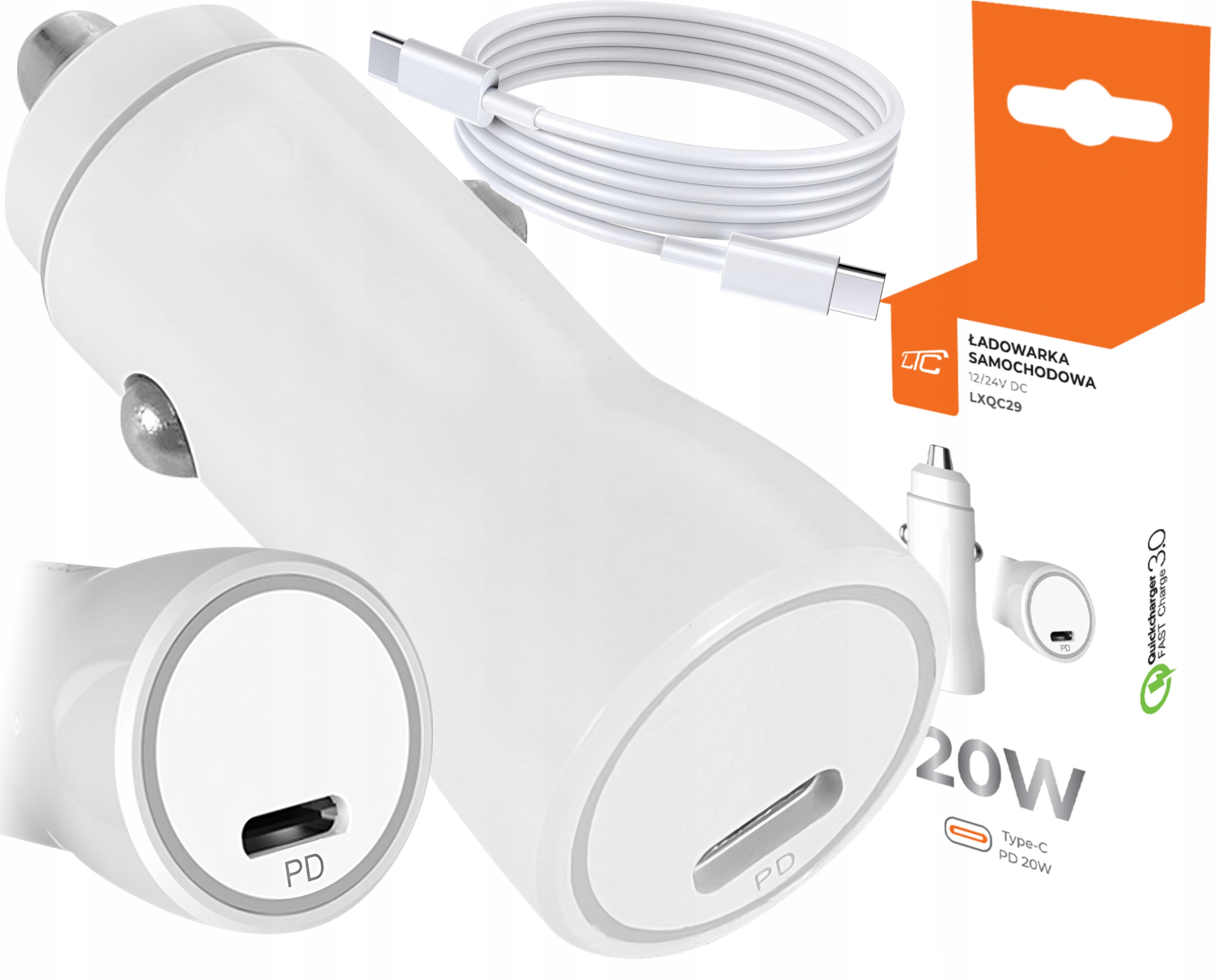 LTC AUTÓS TÖLTŐ, USB TYPE-C PD 20W, 12-24V, 5V/3A, FEHÉR, (5902270784381) • Ár, Vélemények - Allegro