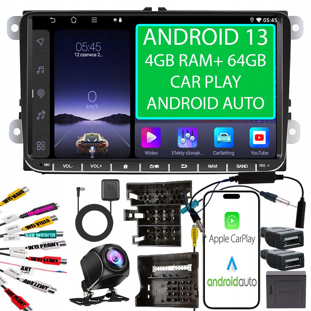 RADIO ANDROID 2DIN 4+64 GB 9 PALCŮ VW PASSAT B6 B7 GOLF 5 V 6 VI SKODA ...