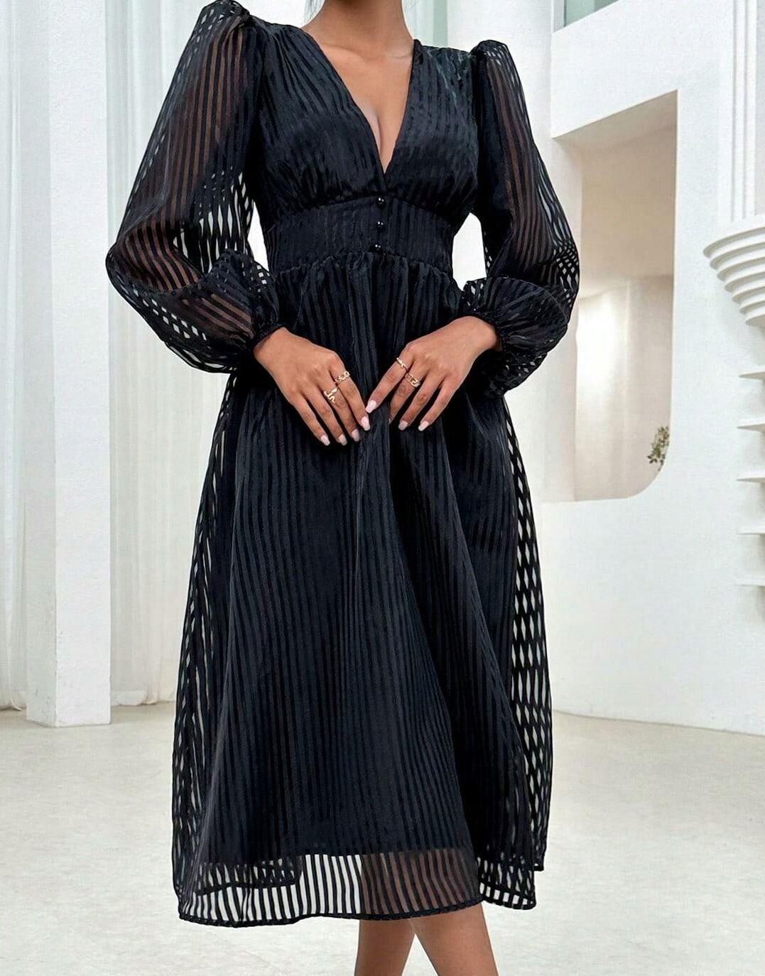 MIDI CZARNA SUKIENKA ELEGANCKA WZÓR PASKI DŁUGI RĘKAW WIECZOROWA SHEIN 34 15790857732 - Allegro.pl