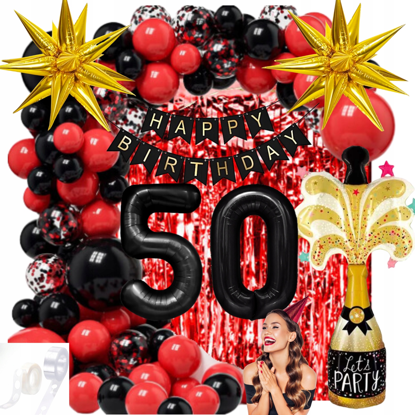 ZESTAW DEKORACJI balony 50 URODZINY ścianka czerwono czarno złoty ...