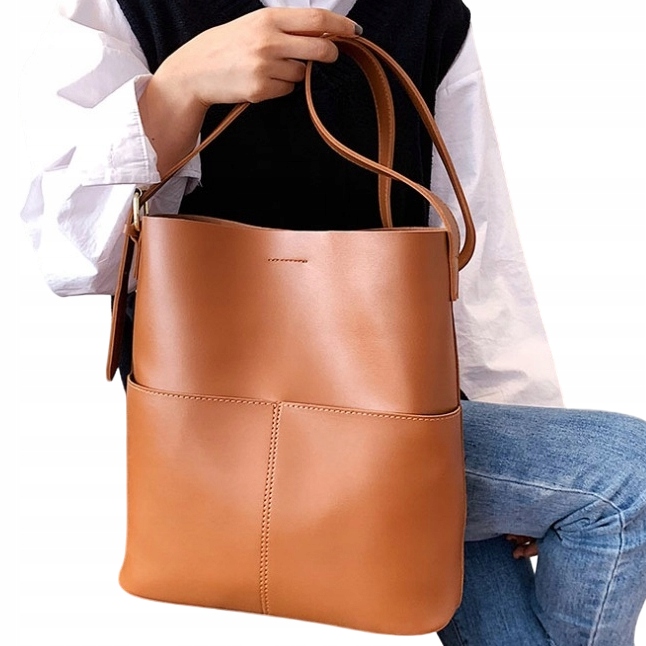 Torebka Damska Torba na Ramię Brązowa Pojemna Shopper A4 Eko Skóra ...