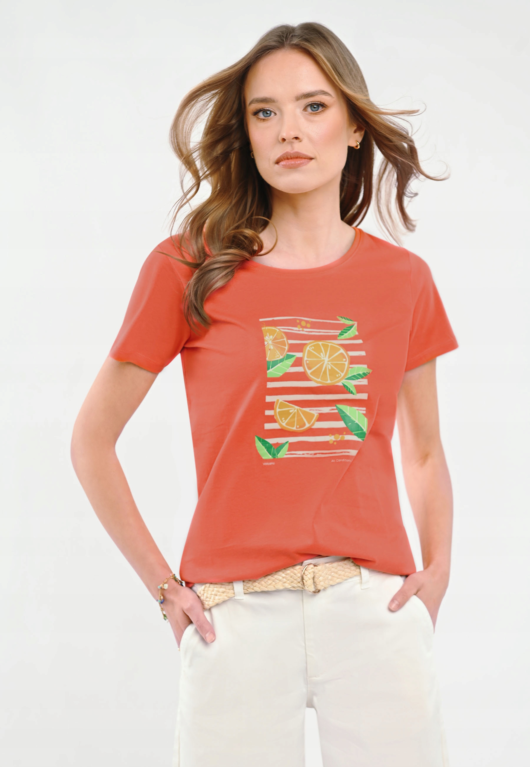 DAMSKI T-SHIRT Z NADRUKIEM BAWEŁNIANY KORALOWY VOLCANO T-VALERY XL ... DAMSKI T-SHIRT Z NADRUKIEM BAWEŁNIANY KORALOWY VOLCANO T-VALERY XL ...