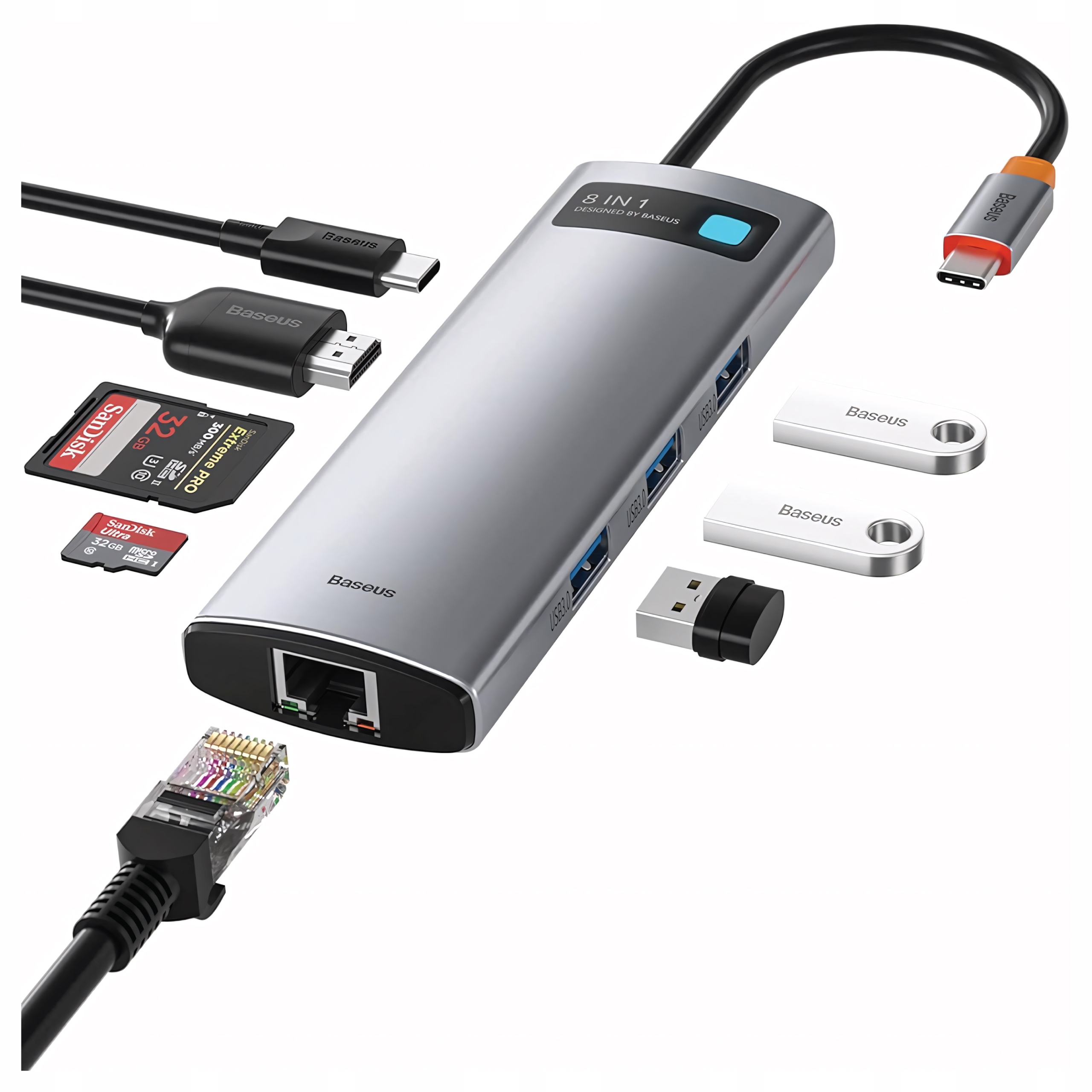 Adapter HUB USB-C Baseus Rozdzielacz 8w1 RJ45 SD HDMI 4K 100W PD 3x USB ... Adapter HUB USB-C Baseus Rozdzielacz 8w1 RJ45 SD HDMI 4K 100W PD 3x USB ...