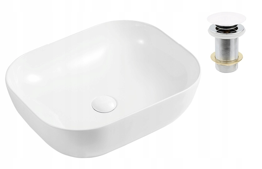 Umywalka ceramiczna nablatowa prostokątna biała 49x39,5x15cm z korkiem ...