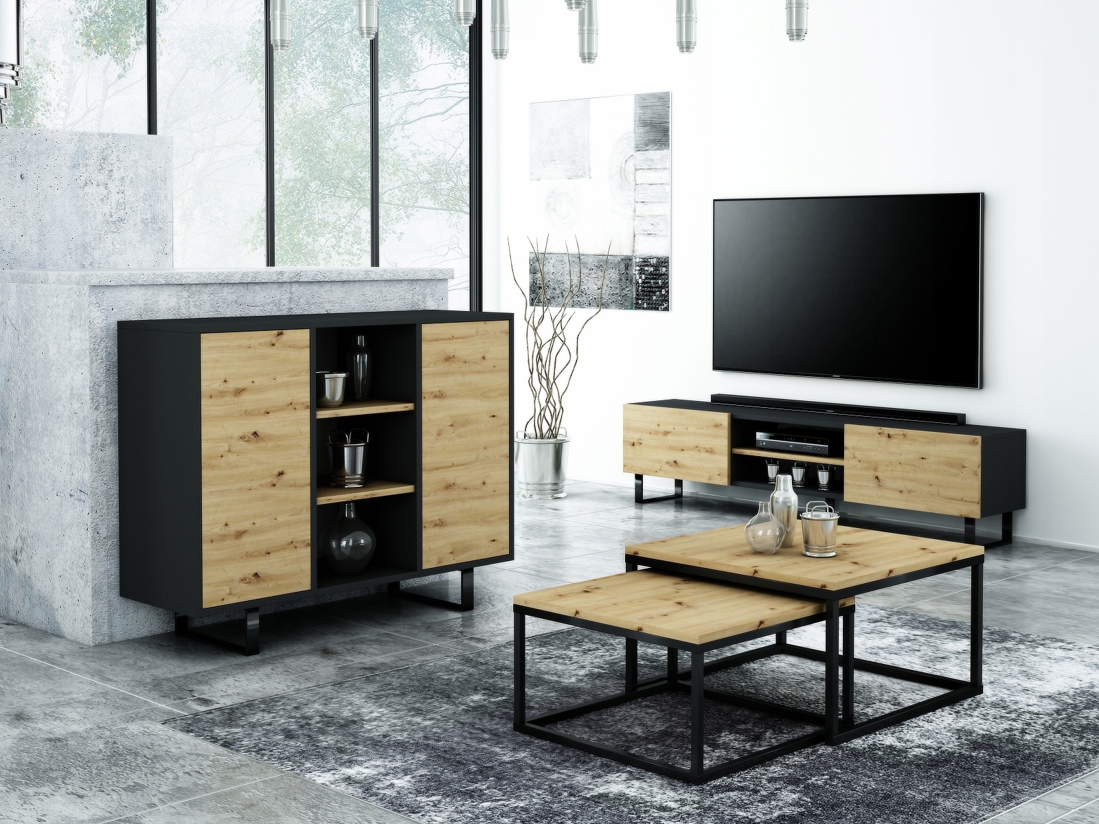 KOMODA LOFT 120 2D DĄB HIKORA / CZARNY MAT EGGER • Cena, Opinie ...