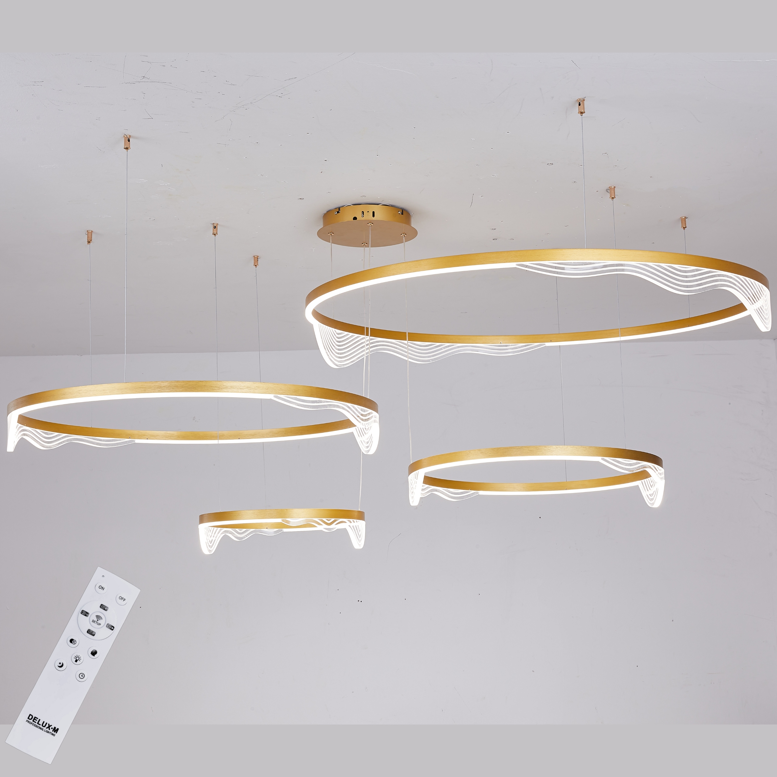 LAMPA SUFITOWA wisząca 4 RING Glamour ŻYRANDOL LED+PILOT 82W 40/60/80/100cm (5905623247588 ...