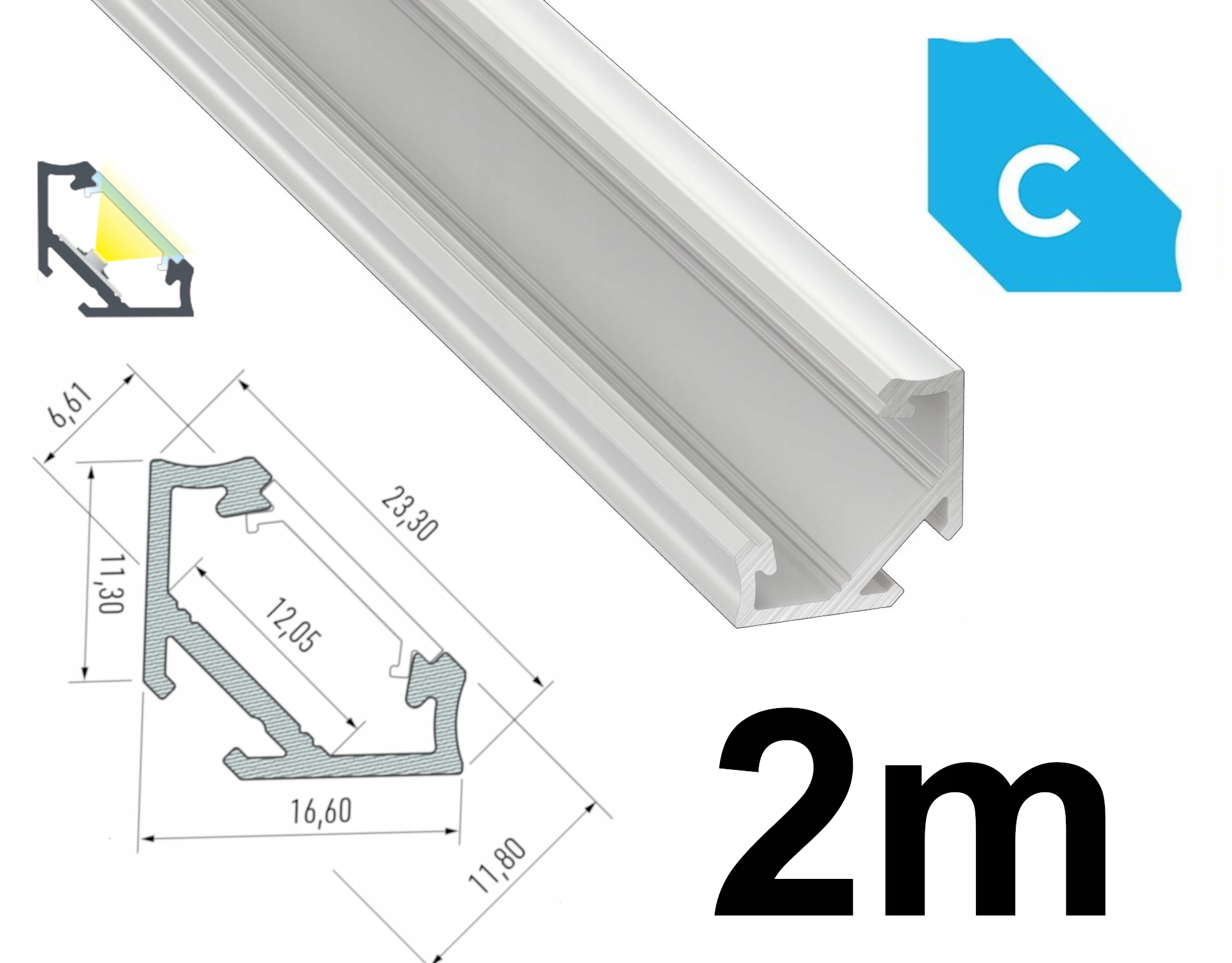 PROFIL DO TAŚM LED NAROŻNY KĄTOWY 45° C BIAŁY 2M (PROFIL DO LED TYP C ...