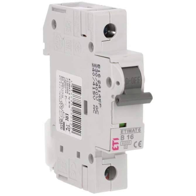 Wyłącznik nadprądowy 1P B 16A 6kA AC 6 | ETI-POLAM | 002111516 ...