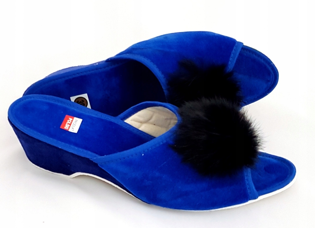 Kapcie z pomponem eleganckie na koturnie polskie tu NIEBIESKIE nr 40 • Cena, Opinie - Allegro
