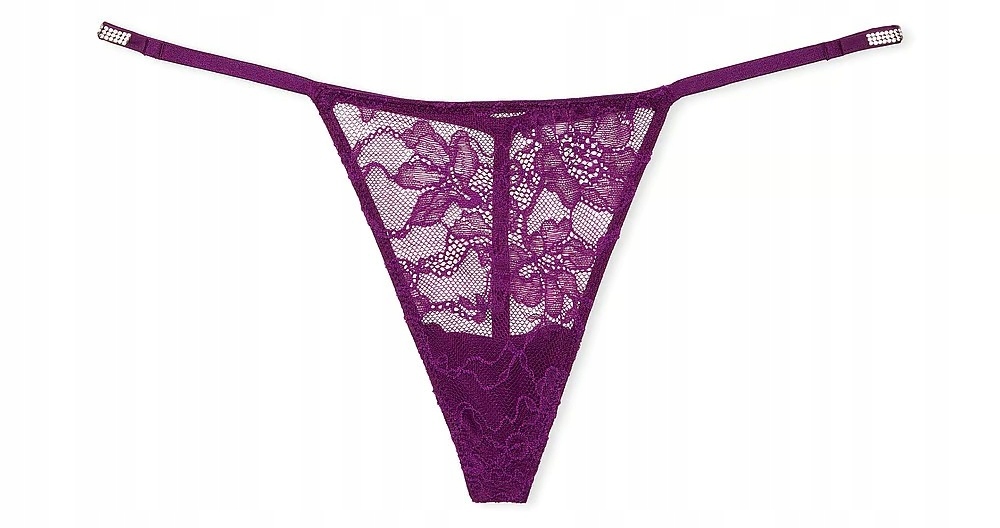 Stringi koronkowe Victoria's Secret z błyszczącymi cyrkoniami fiolet S ...