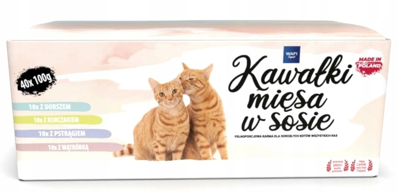 WAFI KARMA MOKRA SASZETKI DLA KOTA 40x100G 75% MIĘSA W KAWAŁKU ...