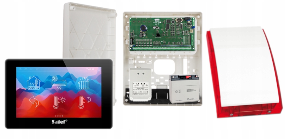 ZESTAW ALARMOWY SATEL INTEGRA 64 MANIPULATOR DOTYK 7" AKUMULATOR SYRENA ...