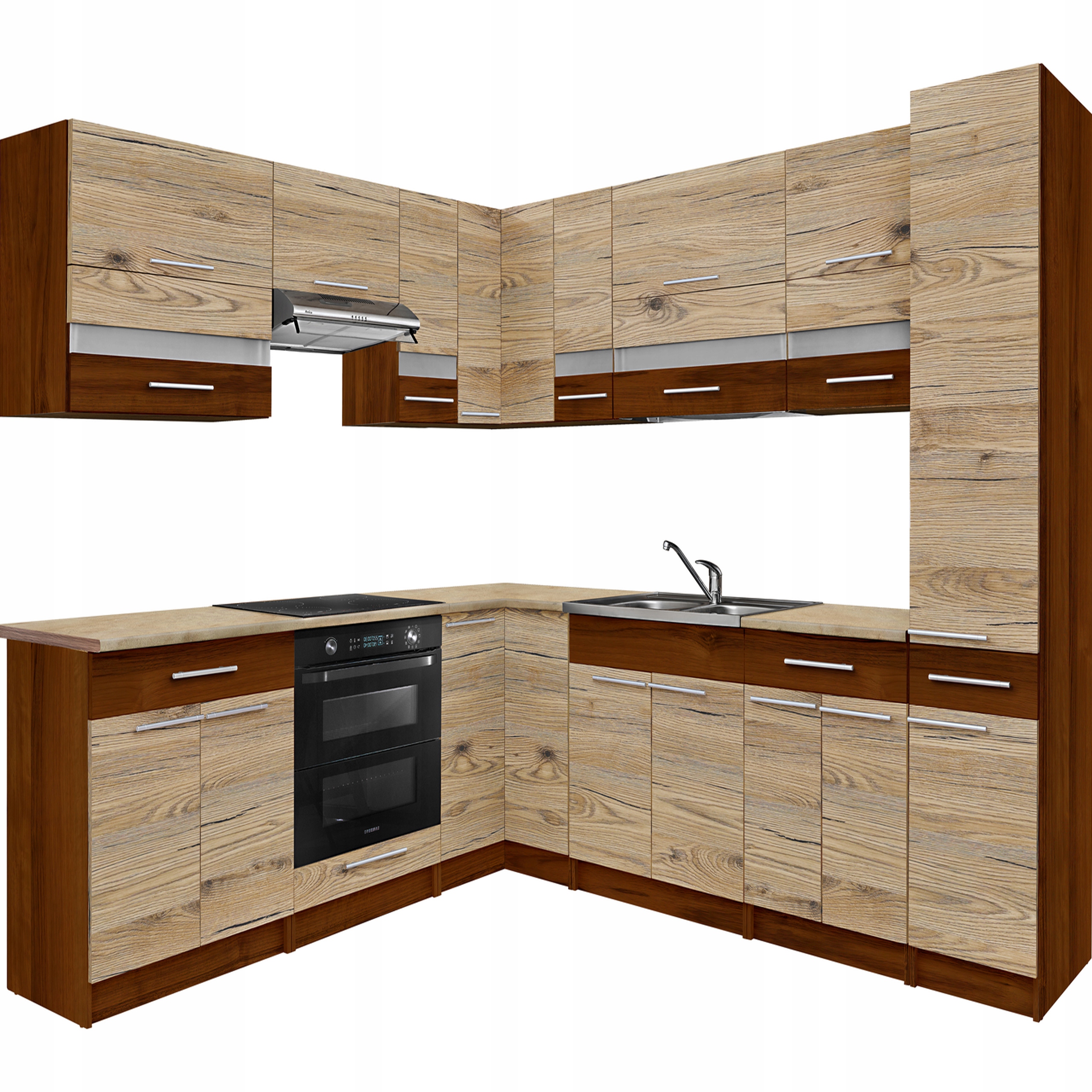 Meble kuchenne z BLATEM - 2,3m x 2,7m - EDEK orzech + dąb bordeaux [K1 ...