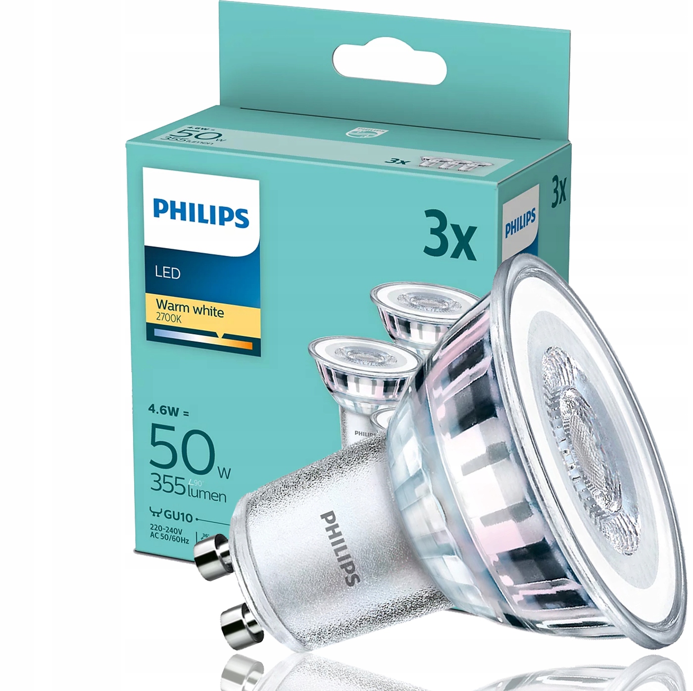 PHILIPS ZESTAW 3x Żarówka LED GU10 4,6W = 50W 2700K CIEPŁA 355lm 36 ... PHILIPS ZESTAW 3x Żarówka LED GU10 4,6W = 50W 2700K CIEPŁA 355lm 36 ...