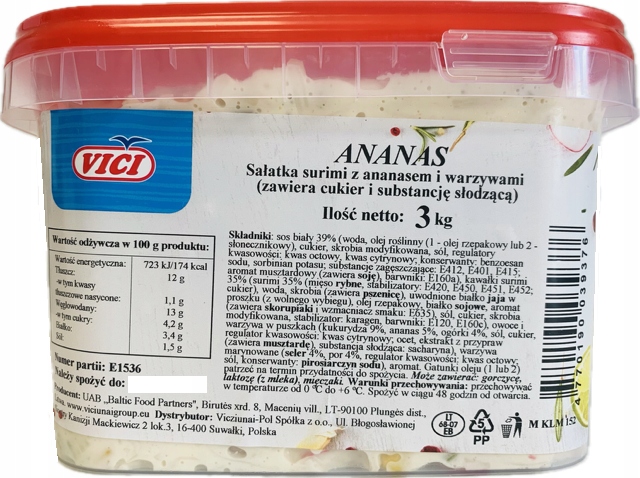 SAŁATKA SURIMI Z ANANASEM I WARZYWAMI 3 KG VICI (4770190039376) • Cena, Opinie • Sałatki ...