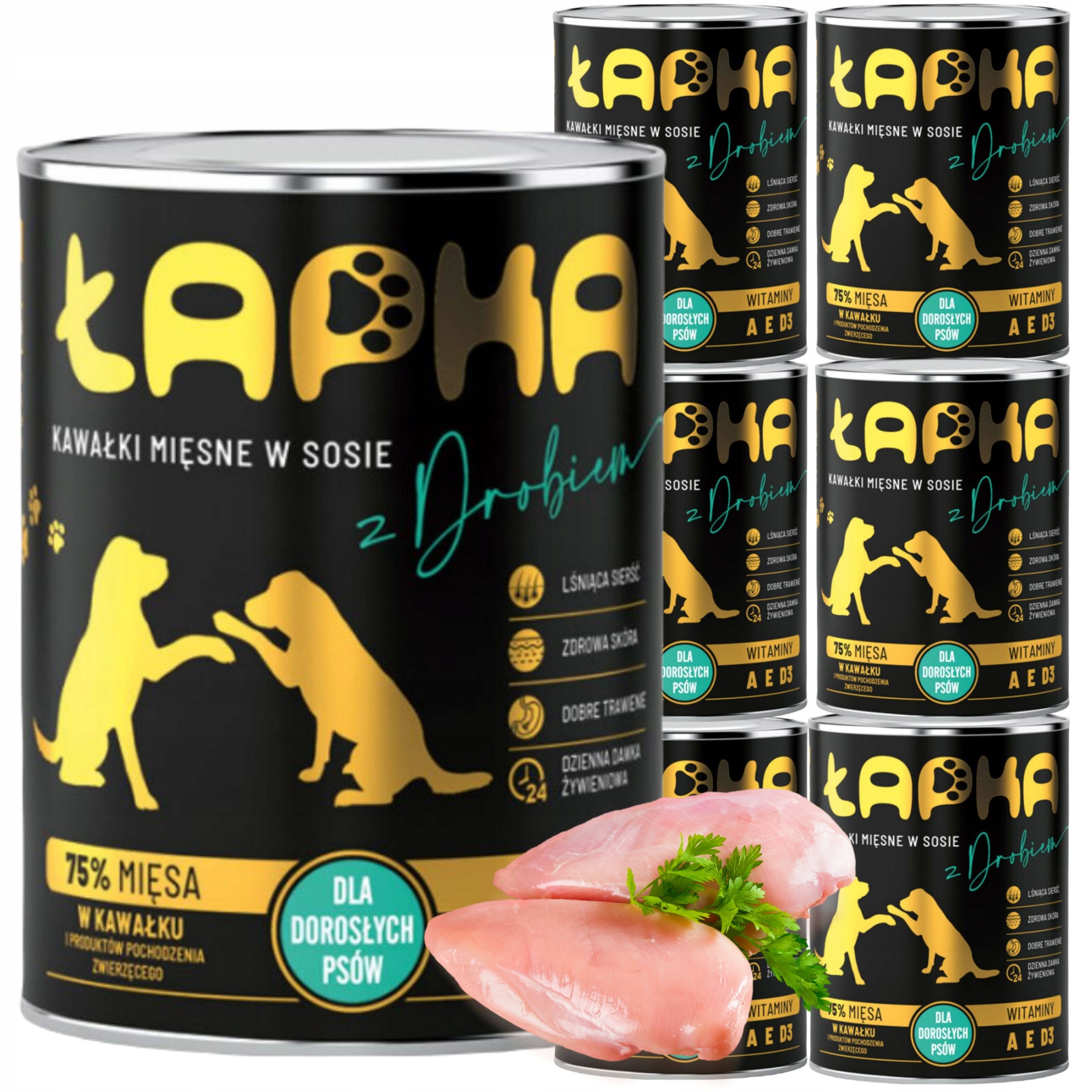 MOKRA KARMA DLA PSA ŁAPKA PUSZKA 6x 415g DRÓB KAWAŁKI W SOSIE 75% MIĘSA ...