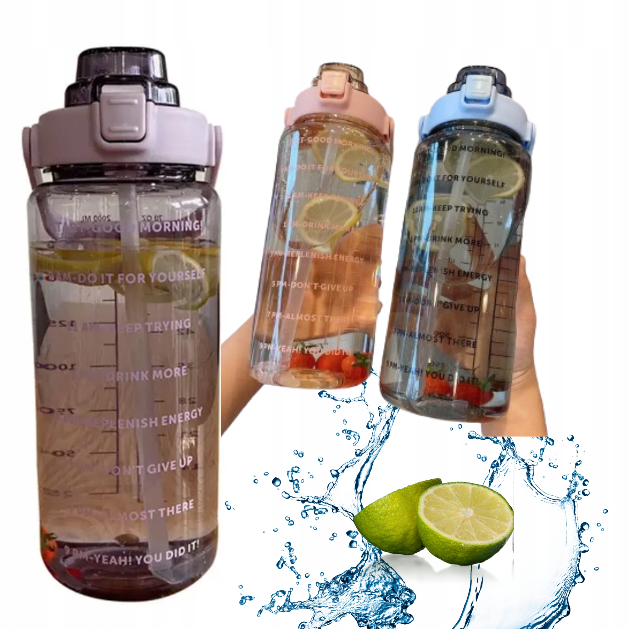 Bidon, butelka ze słomką na wodę 2L 2000 ml FIOLETOWA ,Różne kolory - 798 - 14798786303 - Allegro.pl