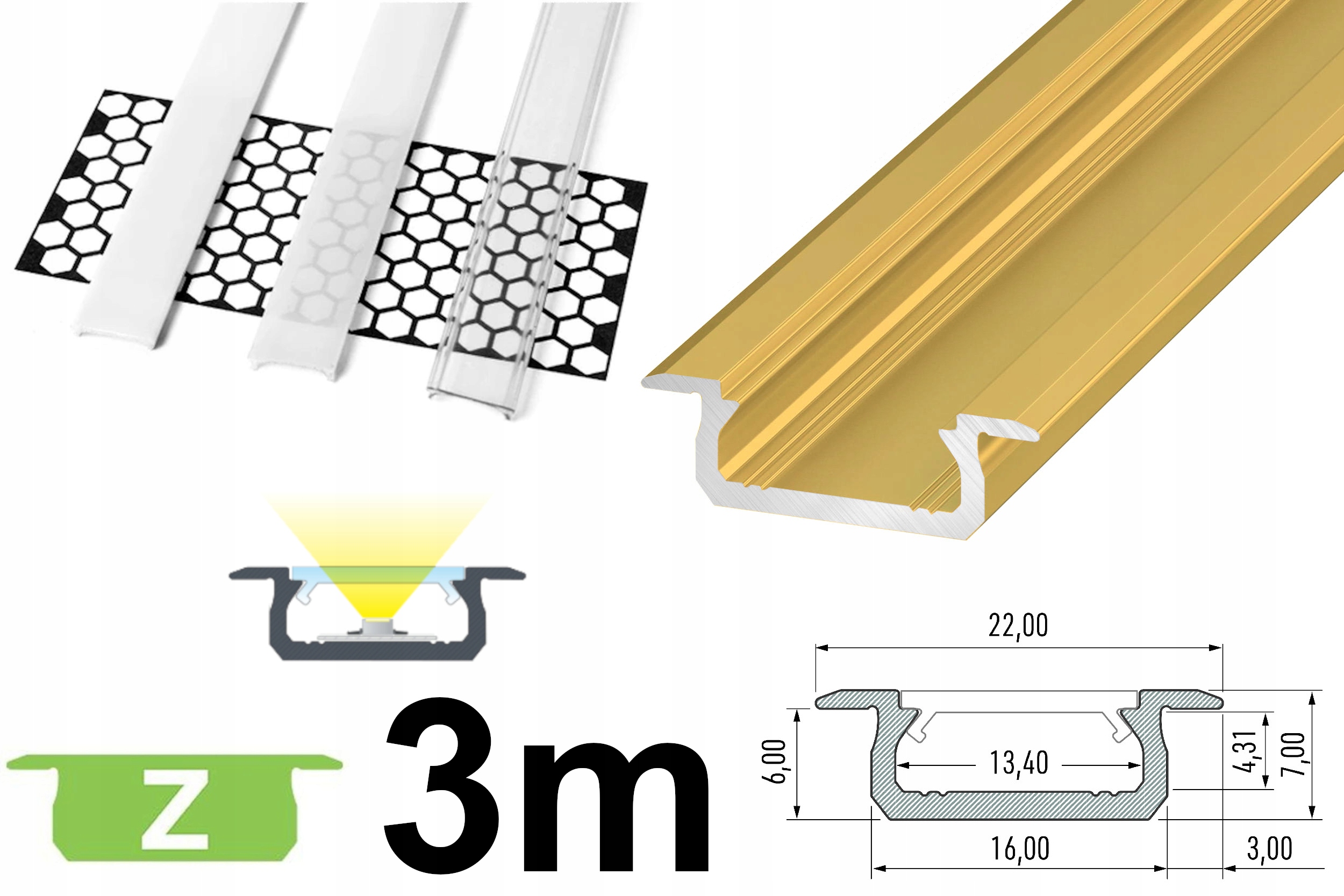 PROFIL DO LED ZŁOTY WPUSZCZANY TYPU "Z" GOLD 3M ALUMINIOWY DO TAŚM LED ...