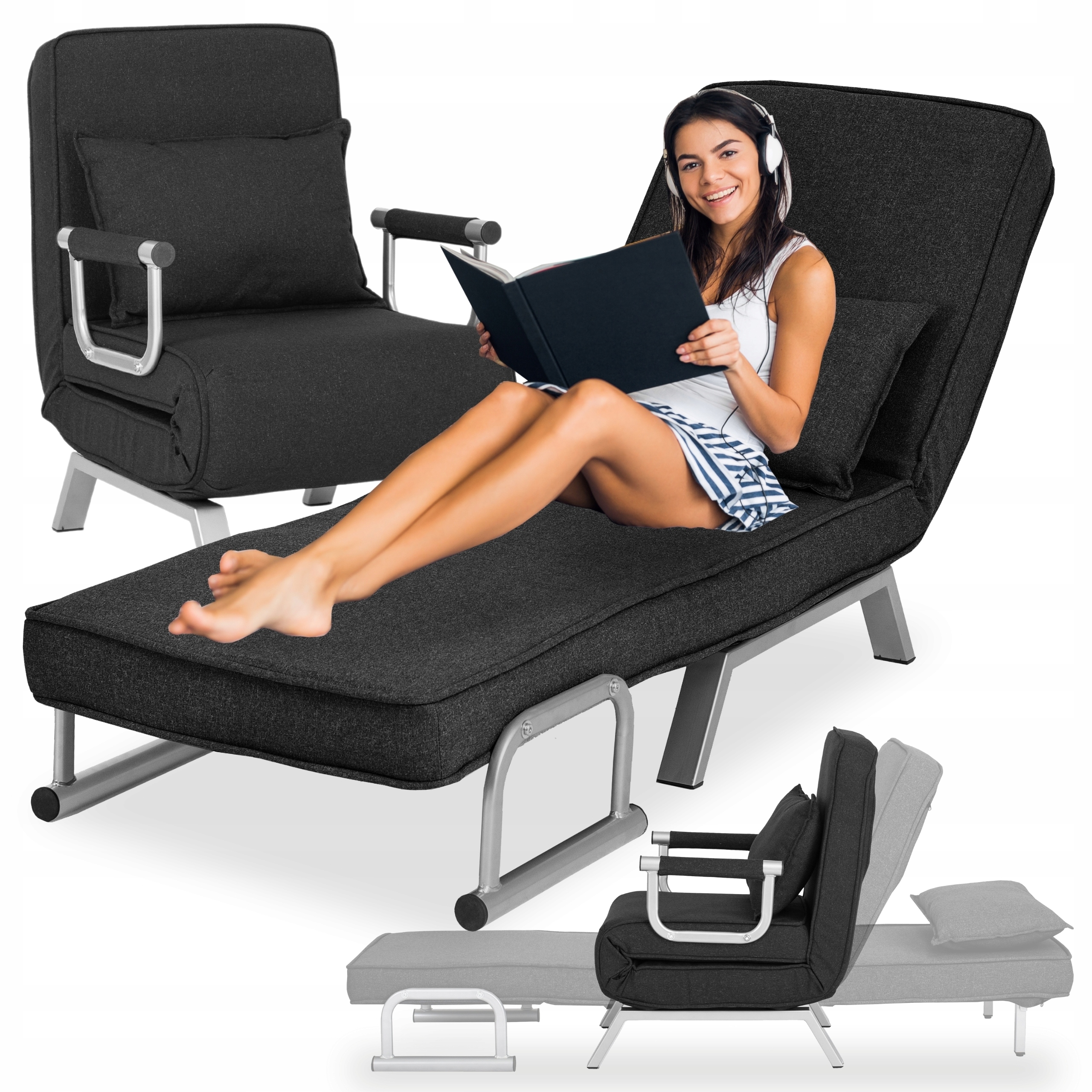 Rozkládací křeslo na spaní Jednomístná pohovka Černá Do 125 kg Bart za 3165.00CZK - Allegro