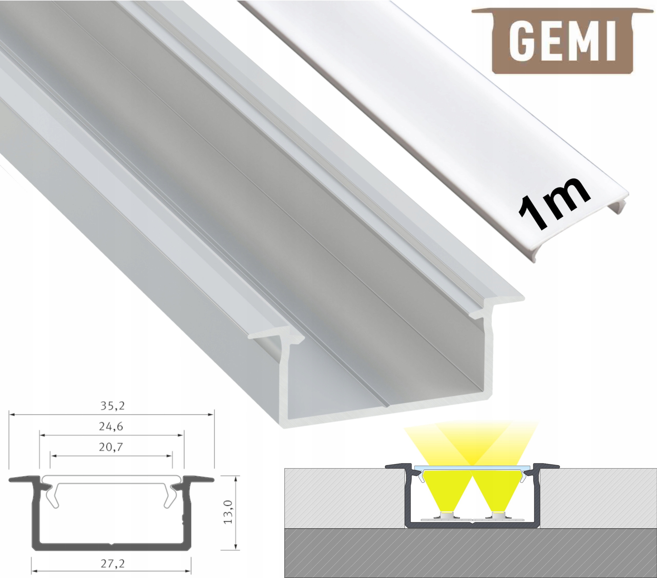 PROFIL LED NA 2 TAŚMY LED ALUMINIOWY WPUSZCZANY GEMI SREBRNY 1M Z ...