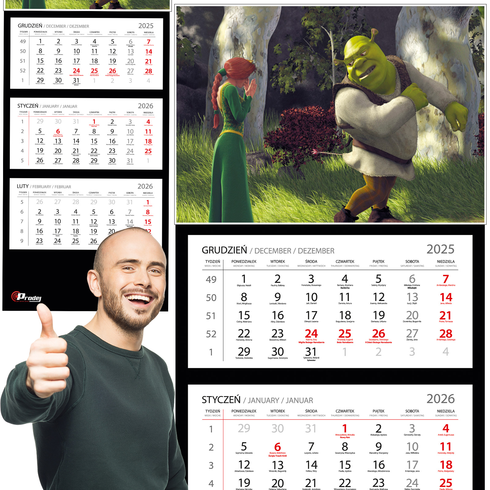 Kalendarz 2026 Ścienny Trójdzielny NIEDZIELE HANDLOWE SHRĘK 10 (3A ...