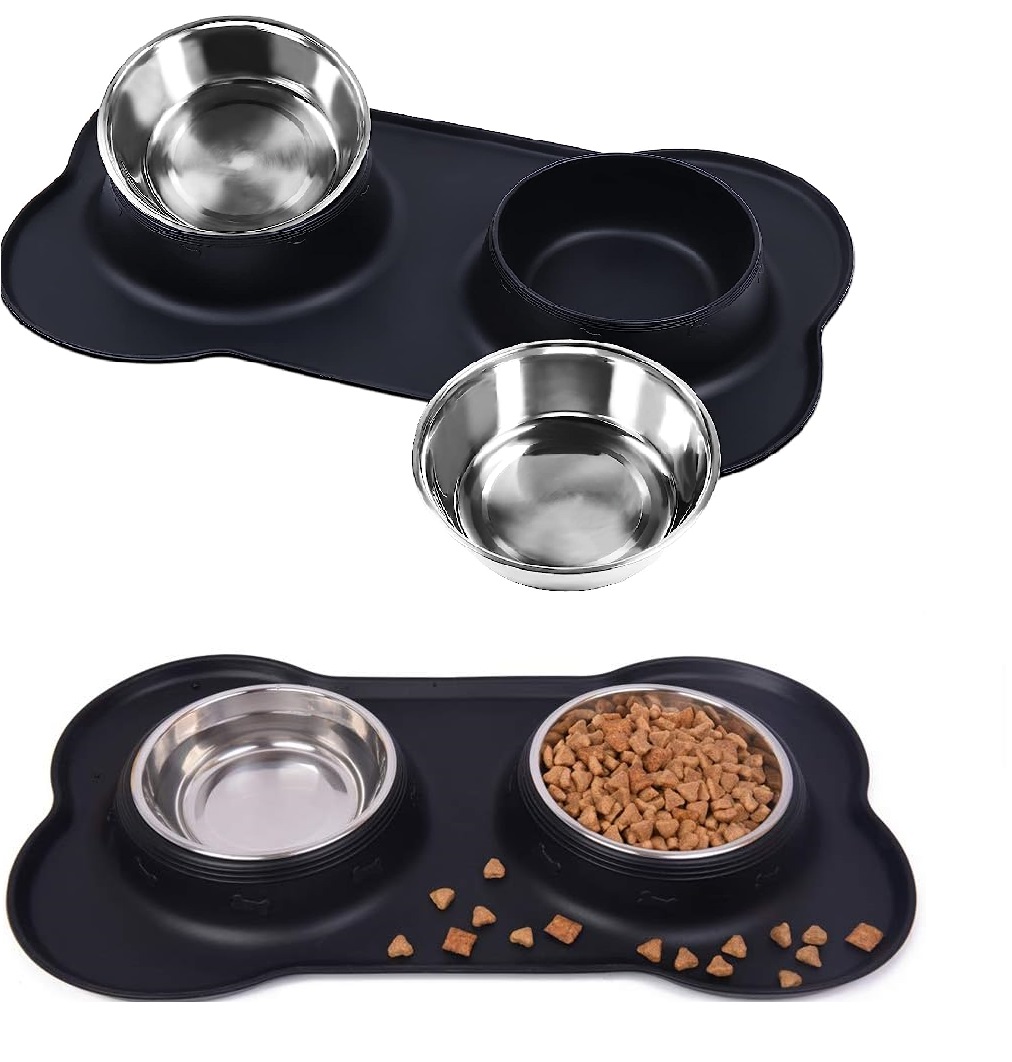 DVOJITÁ MISKA PRE PSA MAČKU DVOJITÁ KOVOVÁ ČIERNA 2x450ml - Allegro