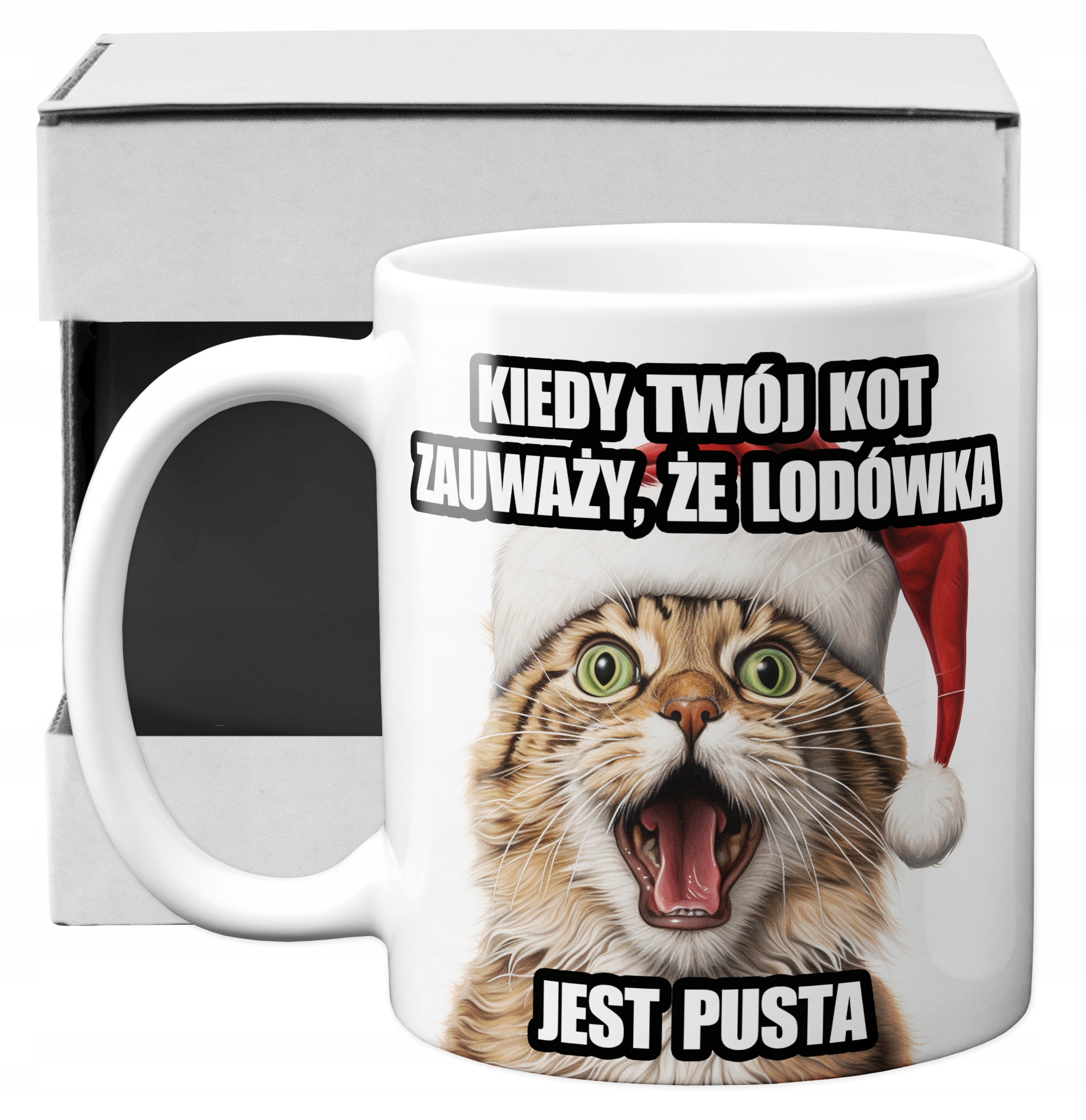 vtipný hrnček s memes mačkou CAT mačiatko v mikulášskej čiapke vianočný ...