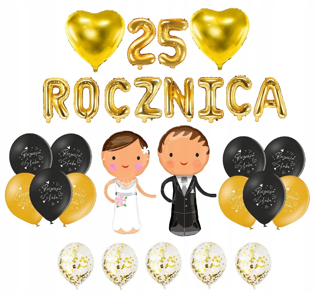 25 Rocznica Ślubu Balony Dekoracje Zestaw Złoty (5906871021111) • Cena ...