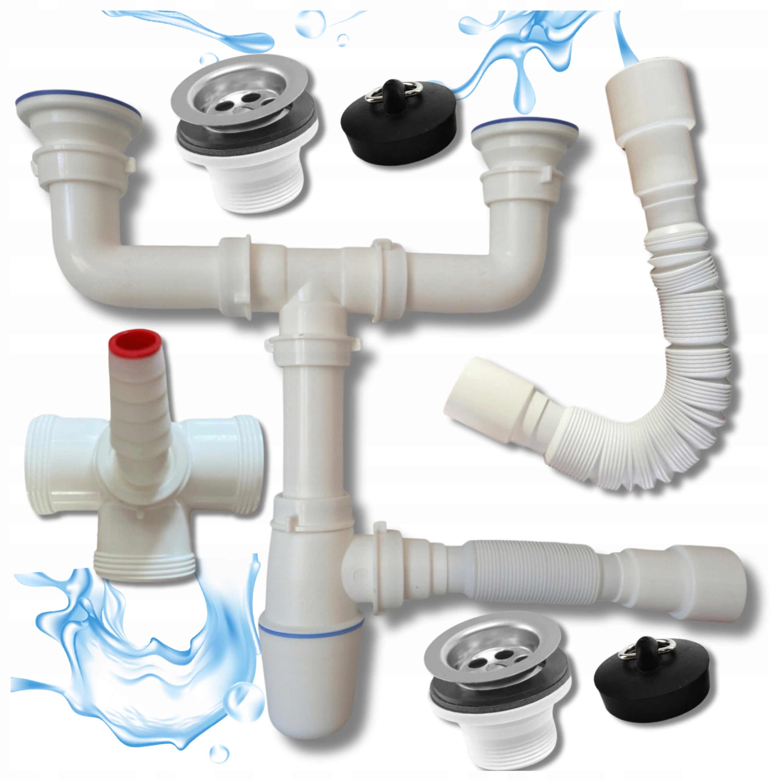 SYFON ODPŁYW Dwukomorowy Zlewozmywaka Biały 50mm Sitko Chrom ...