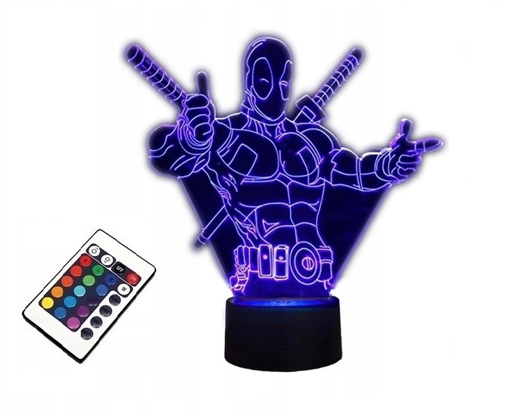 LAMPKA na SZKLE Deadpool Marvel Fantasy 3D LED RGB + PILOT 16 KOLORÓW ...
