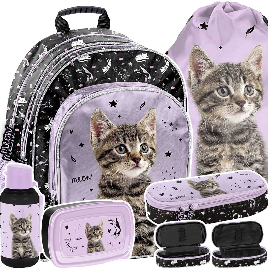 PLECAK SZKOLNY TORNISTER DZIEWCZYNKI KOT KLASA 13 PIÓRNIK BIDON ZESTAW (5903162134321) • Cena ...