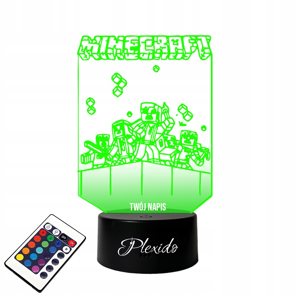 LAMPKA na SZKLE Logo Minecraft Postaci Gra 3D LED RGB + PILOT 16 ...