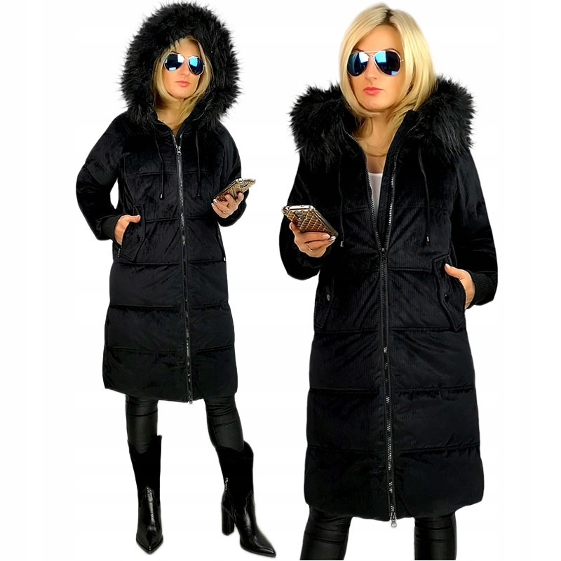 ZIMOWY MODNY DAMSKI CIEPŁY PIKOWANY PŁASZCZ KURTKA FUTRO Z KAPTUREM XL ...