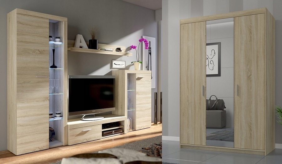 MEBLOŚCIANKA RUMBA + SZAFA ELENA 3D Z LUSTREM DĄB SONOMA • Cena, Opinie ...