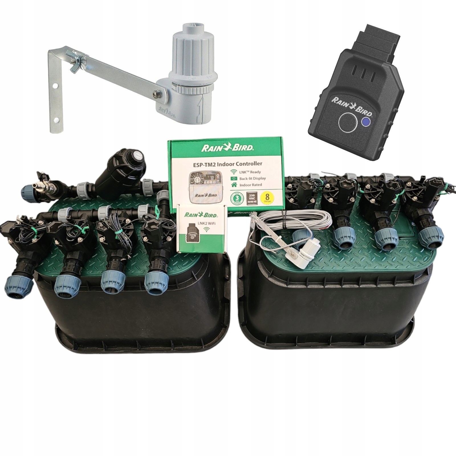 Zestaw Rain Bird 8 sekcji z filtrem Sterownik TM2 Czujnik Moduł WiFi PE ...