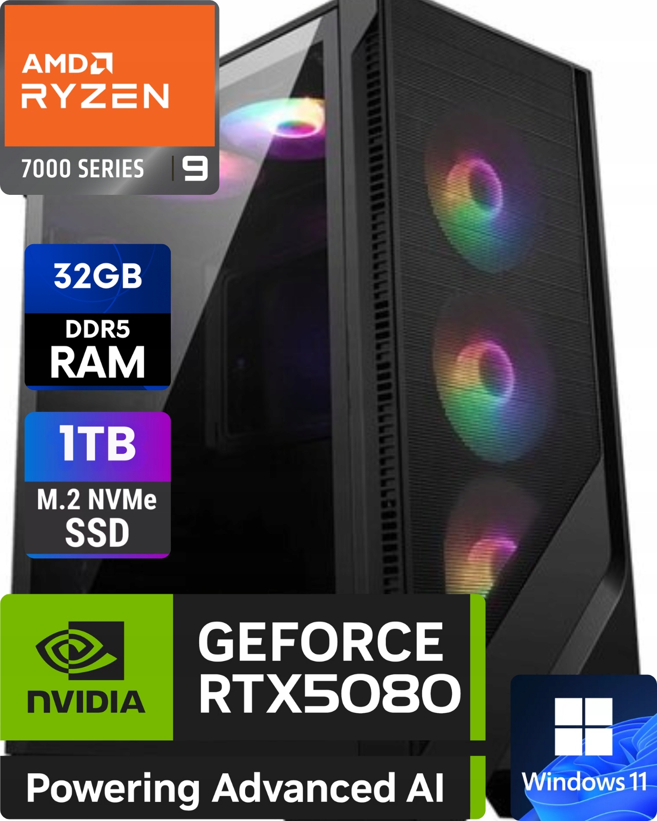 GIGA PC GAMING AMD Ryzen 9 7900 Nvidia RTX 5080 DDR5 32GB SSD 1TB Win11 ...
