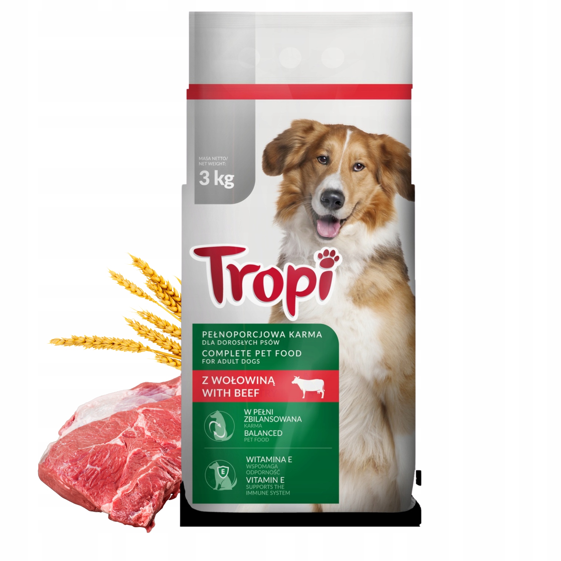 TROPI KARMA SUCHA Z WOŁOWINĄ DLA PSA DOROSŁYCH PSÓW WSZYSTKICH RAS 3 KG ...