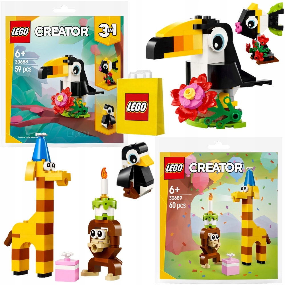 LEGO CREATOR ZWIERZĘTA 30688 TUKAN 3W1 + 30689 ŻYRAFA MAŁPKA Klocki ...