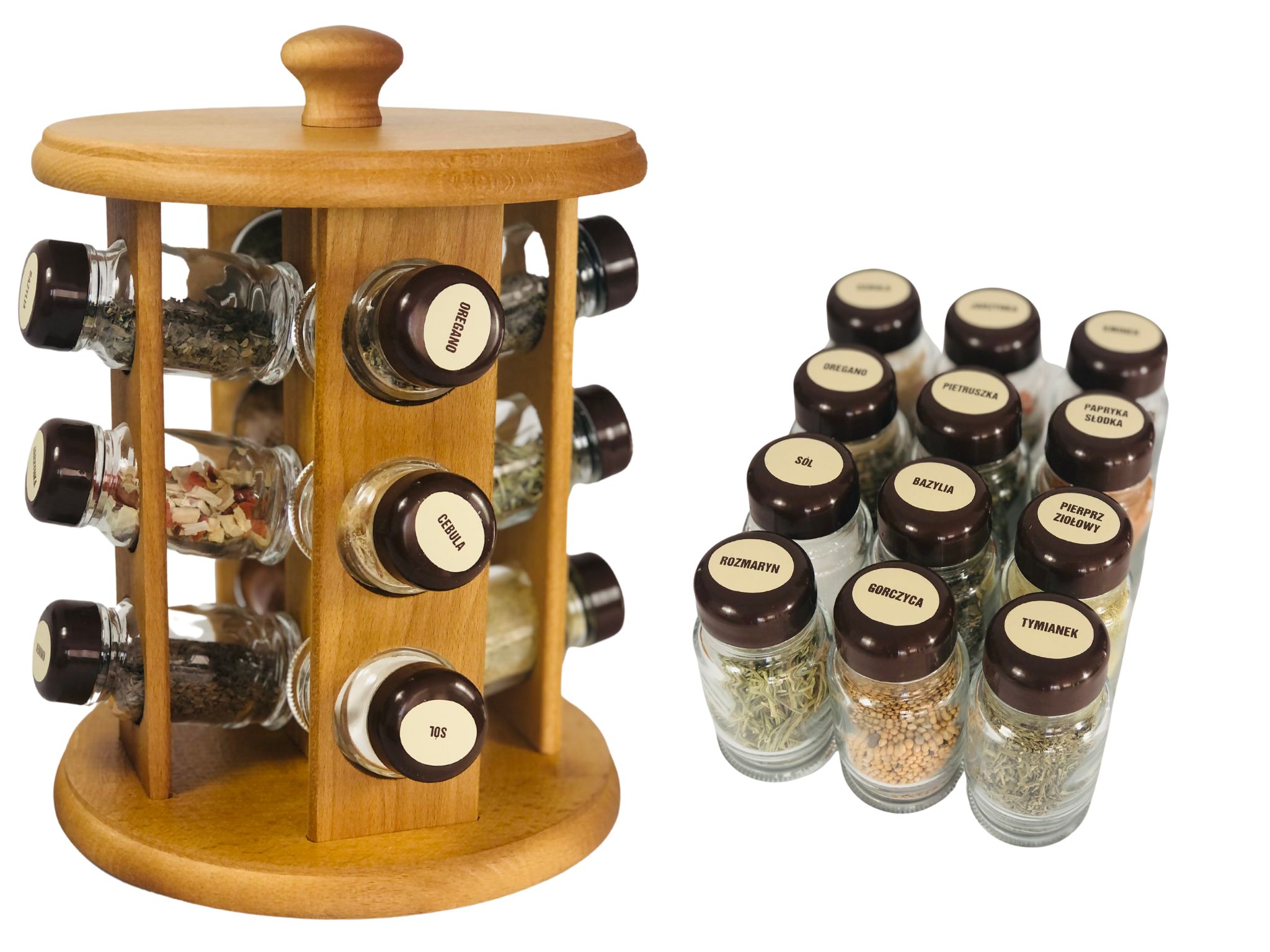 PRZYPRAWNIK OBROTOWY JASNY BRĄZ 12 PRZYPRAW SŁOICZKI SZKLANE ...