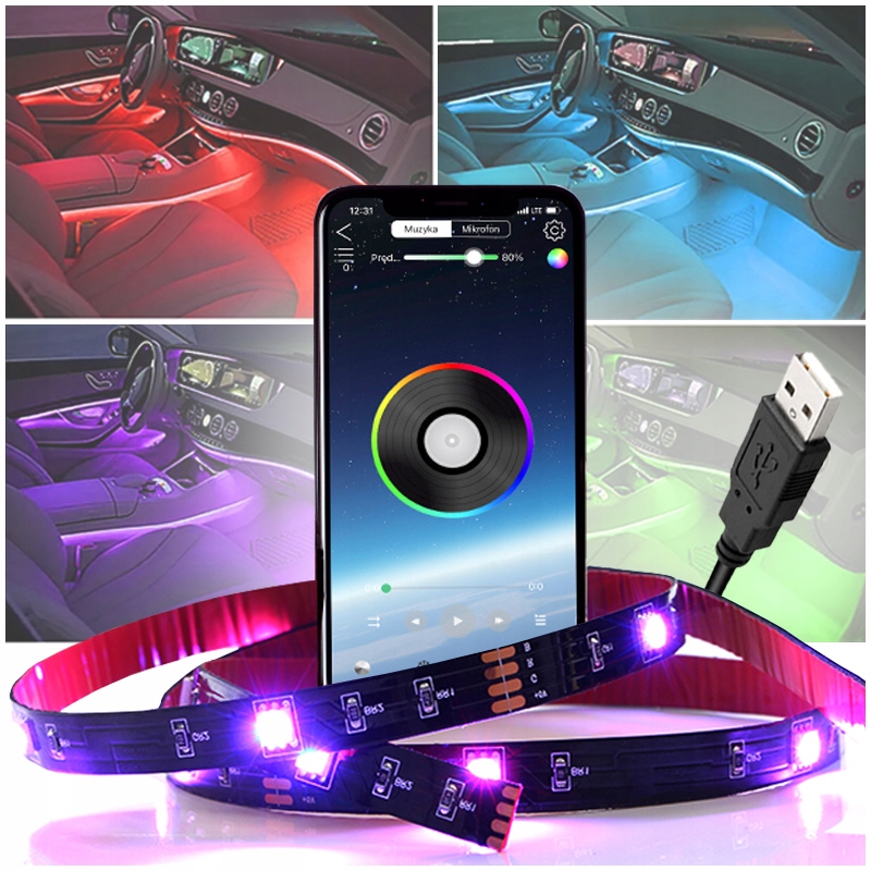 PASEK TAŚMA LED RGB NA PORT USB OŚWIETLENIE DO WNĘTRZA AUTA SAMOCHODU ...