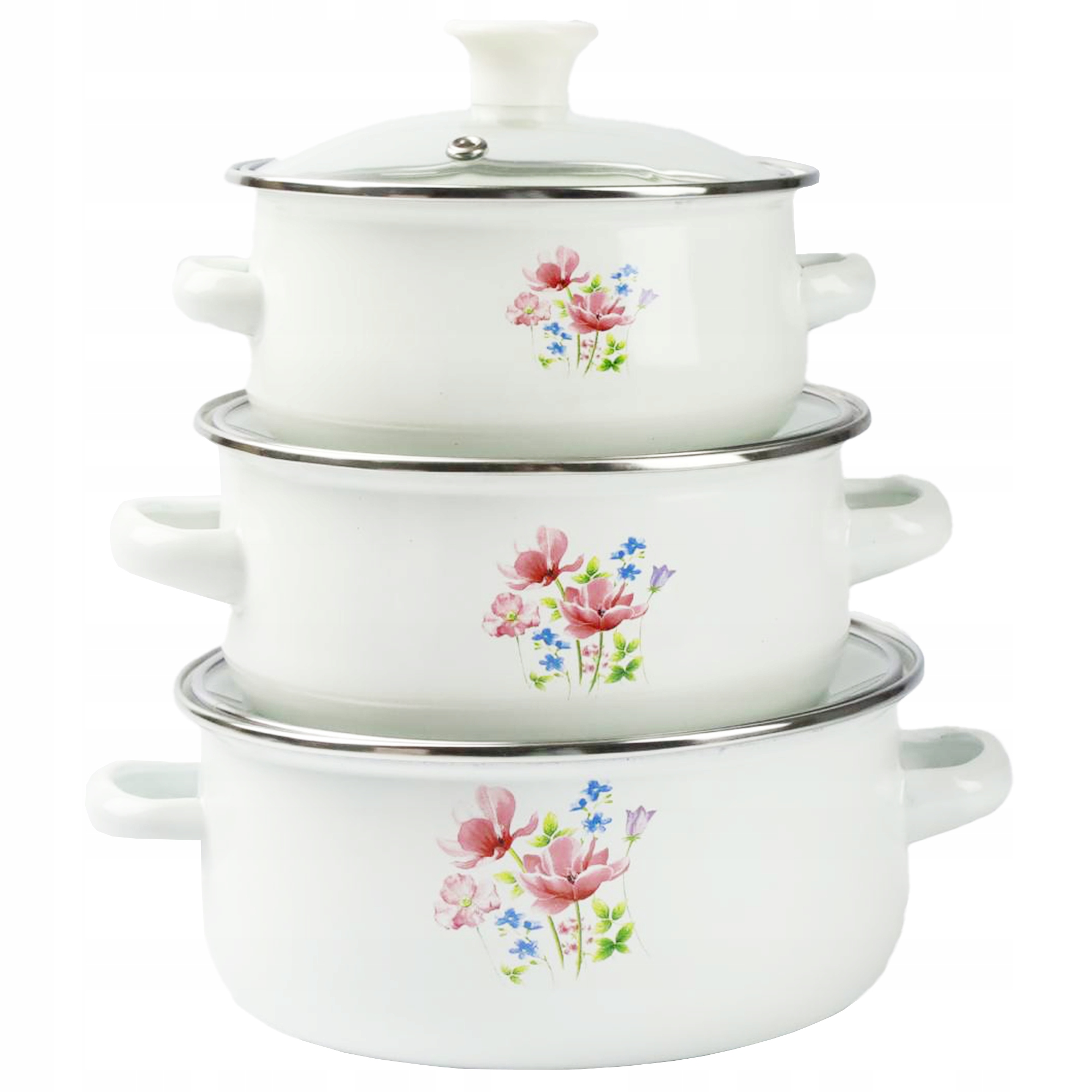 ZESTAW 3 GARNKÓW EMALIOWANYCH TRADYCYJNE KOMPLET Z POKRYWAMI GAZ ...